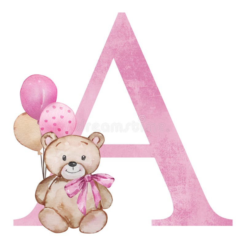 Pink Letter a with Watercolor Teddy Bear Stock Image - Image of ...