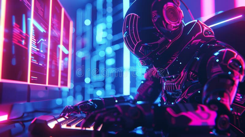 Pink Light Blue and Dark Blue Robot Working in the Computer. Neon Juicy ...