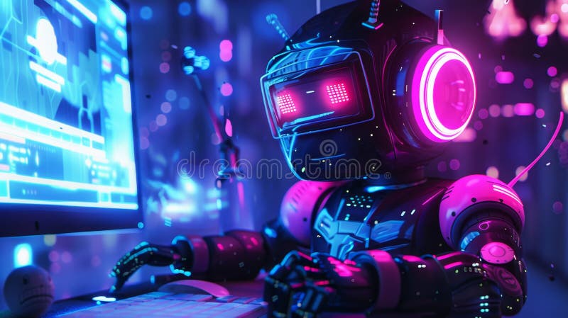 Pink Light Blue and Dark Blue Robot Working in the Computer. Neon Juicy ...