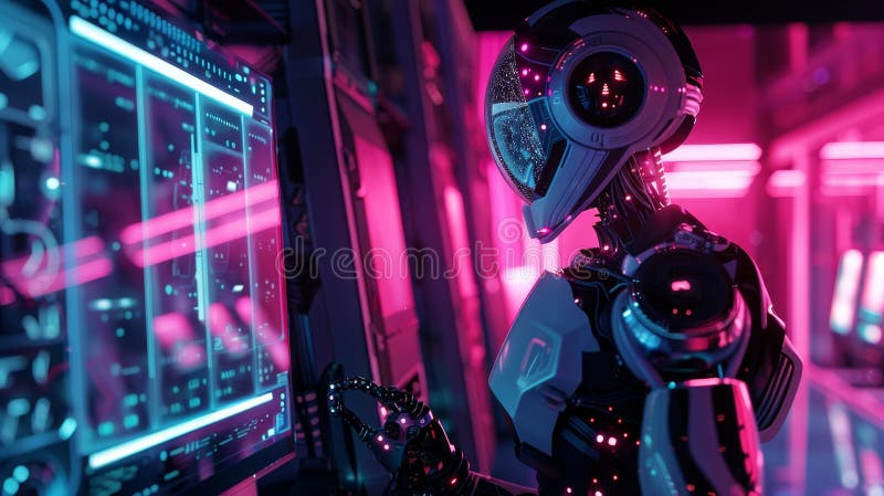 Pink Light Blue and Dark Blue Robot Working in the Computer. Neon Juicy ...
