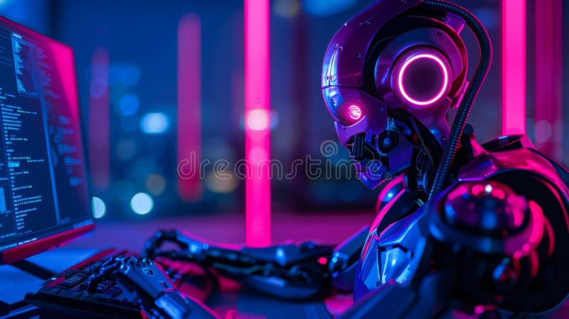Pink Light Blue and Dark Blue Robot Working in the Computer. Neon Juicy ...