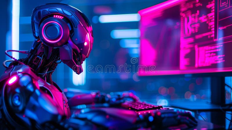 Pink Light Blue and Dark Blue Robot Working in the Computer. Neon Juicy ...