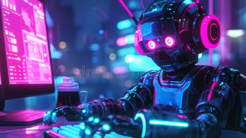 Pink Light Blue and Dark Blue Robot Working in the Computer. Neon Juicy ...
