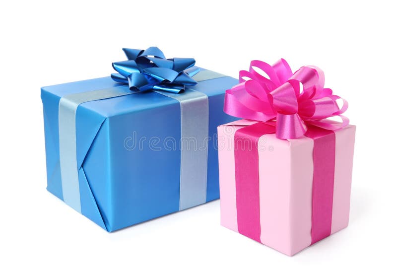 Pink and Light Blue Gift Boxes with Bows on White Background Stock ...