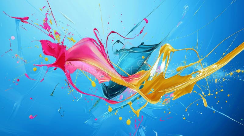 Pink, Light Blue and Yellow Paint Splashing and Mixing on a Light Blue ...