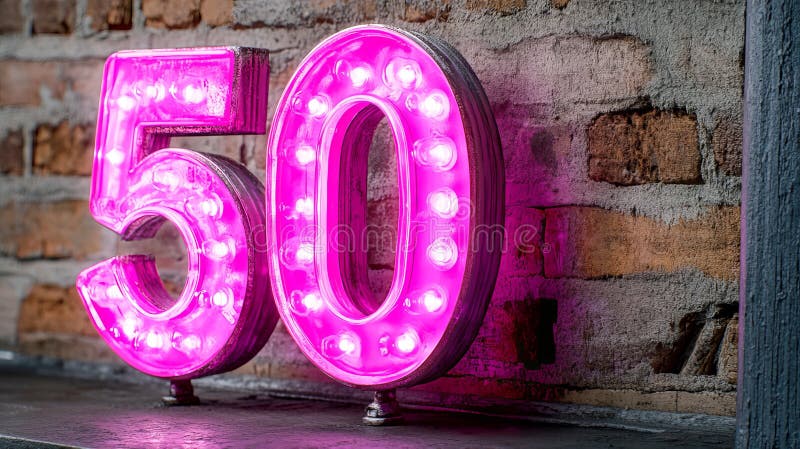 Pink Lighted Number 50 Sign on Wooden Table with a Rustic Exposed Brick ...