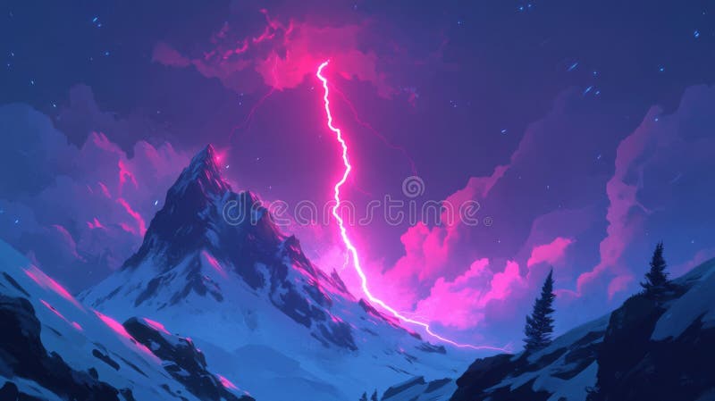 A Pink Lightning Bolt Strikes a Mountain Peak Underneath a Starry Night ...
