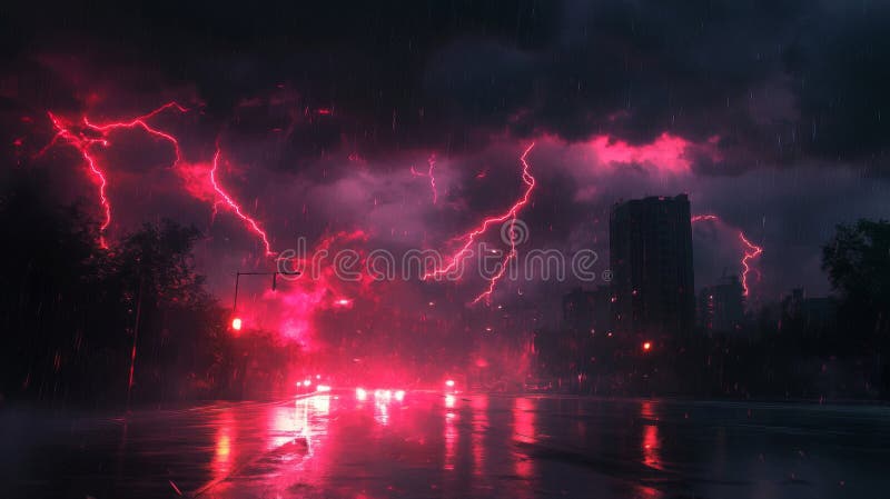 Pink Lightning Storm Over City at Night Stock Illustration ...