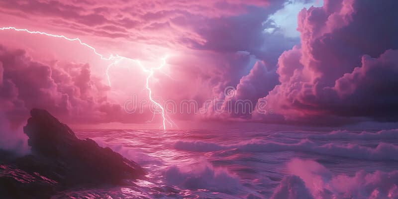 Pink Lightning Storm Over Ocean Stock Illustration - Illustration of ...