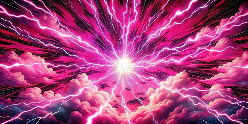Pink Lightning Storm Radiating from a Bright Center in a Dramatic ...
