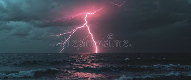 Pink Lightning Strike Over a Dark Ocean at Night. Stock Photo - Image of yellowish, lightning ...