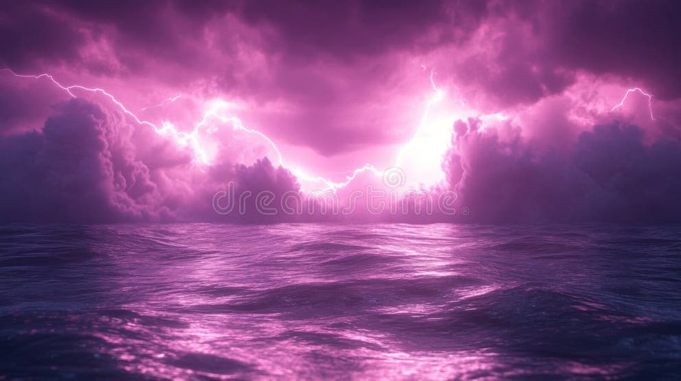 Pink Lightning Strikes Over Dark Ocean Waves Stock Illustration ...