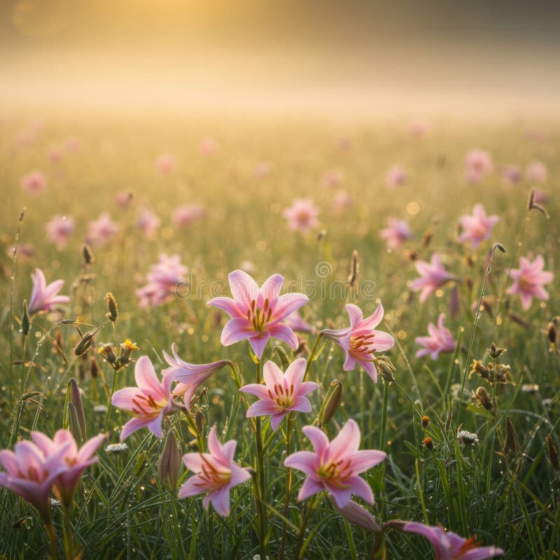Pink Lilies Field at Sunrise with Soft Fog Stock Illustration ...