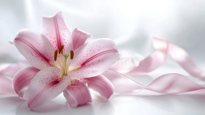 Pink Lily Flower with Delicate Lace Ribbon on White Background Stock ...
