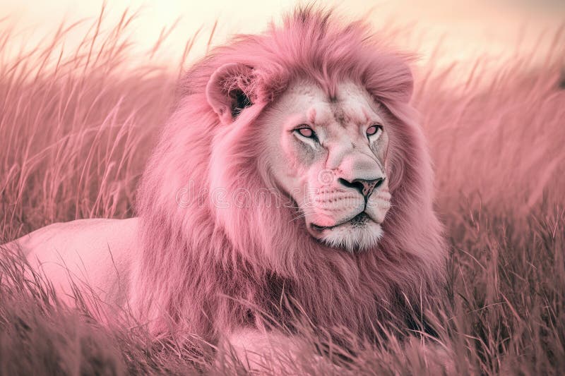 Pink Lion Resting in Tall Grass at Sunset Stock Photo - Image of ...