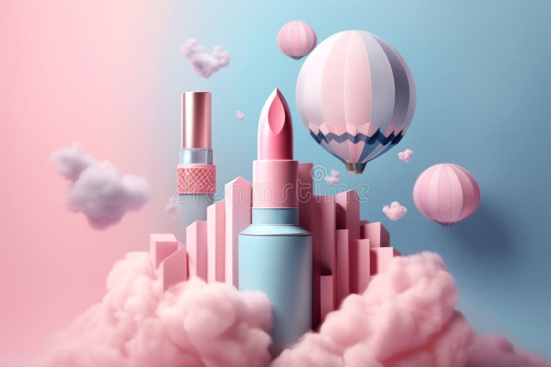 Pink Lipsticks Fly on an Abstract Background with Shiny Textures and a ...
