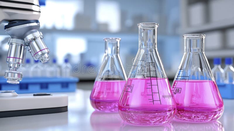 Pink Liquid in Erlenmeyer Flasks on a Lab Bench Stock Illustration ...