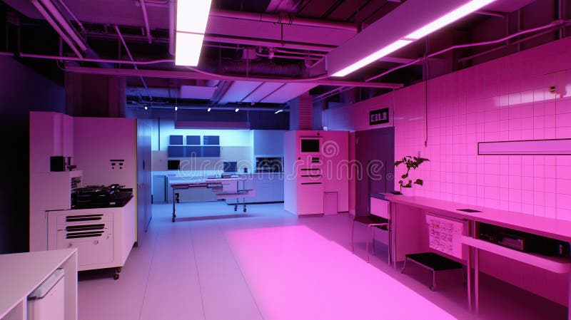Pink-lit Lab Corridor, Equipment, Screens, Research Stock Image - Image ...