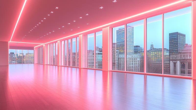 Pink-lit Modern Office, City View, Empty Space, Design Stock ...