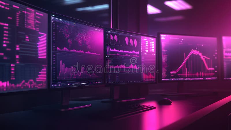 Pink-lit Monitors Displaying Financial Data, Graphs, and Charts Stock ...