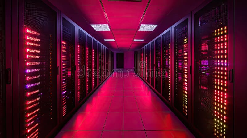 Pink Lit Server Room Corridor Stock Illustration - Illustration of ...