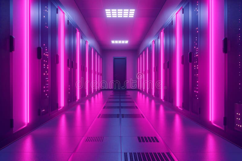 Pink Lit Server Room in Data Center Stock Image - Image of architecture ...