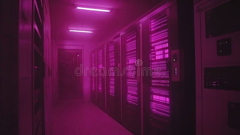 Pink-lit Server Room Hallway, Data Center, Nighttime Security Stock ...