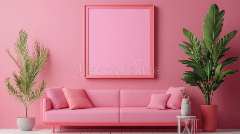 Pink Living Room Interior Design with Sofa and Plants Stock ...