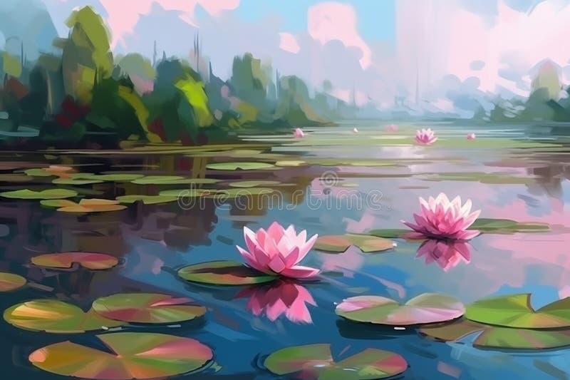 Pink Lotus, Beautiful Scenery Quit Pond Stock Illustration ...
