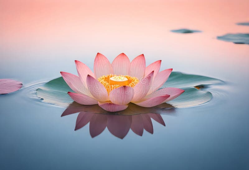 A Pink Lotus Flower Floating in Water with Leaves Stock Illustration ...