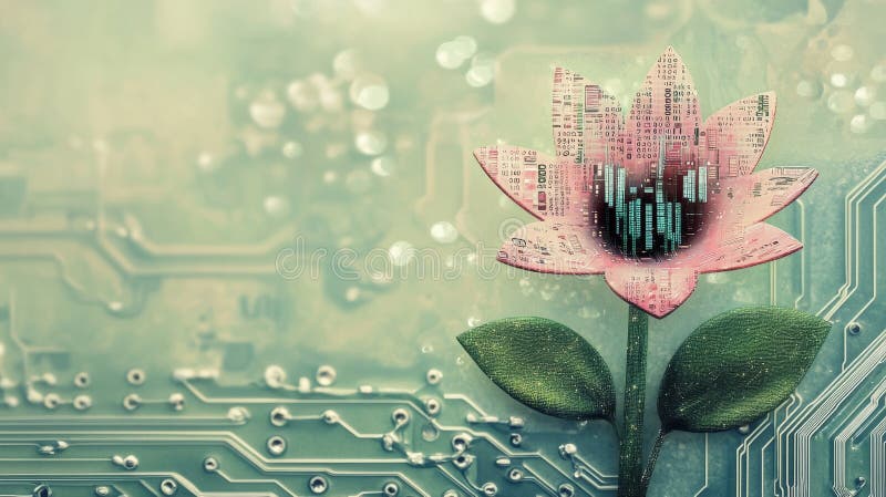 Pink Lotus Flower Growing from Printed Circuit Board Symbolizing ...
