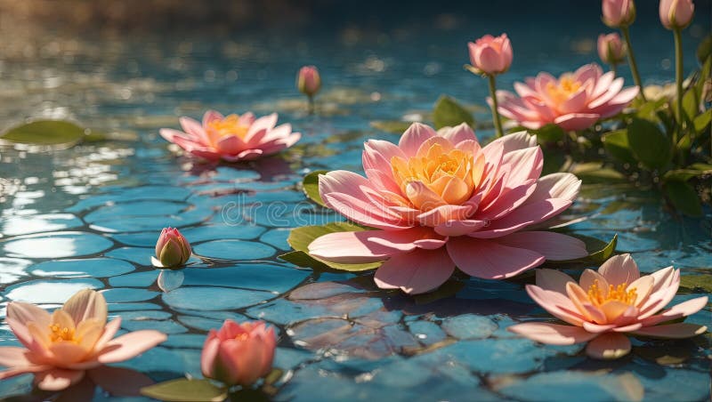 Pink Lotus Flower on the Water in the Pool with Reflection Stock ...