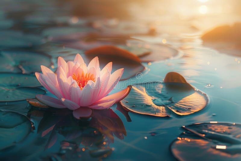 Pink Lotus Flower in Water Reflection Stock Image - Image of sunset ...