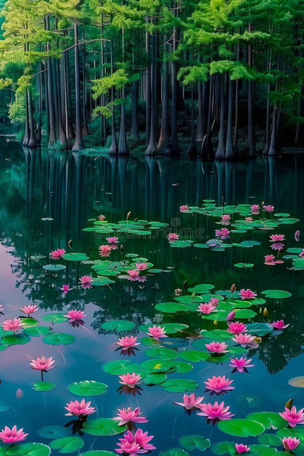 Pink Lotus Flowers in a Lake Surrounded by Trees Stock Image - Image of ...