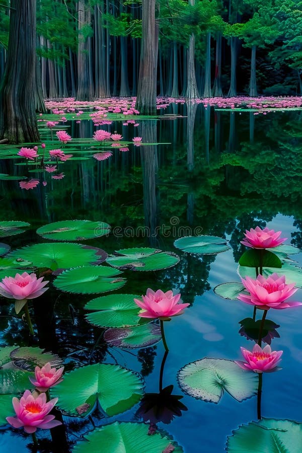 Pink Lotus Flowers in a Pond with Trees Stock Image - Image of pink ...