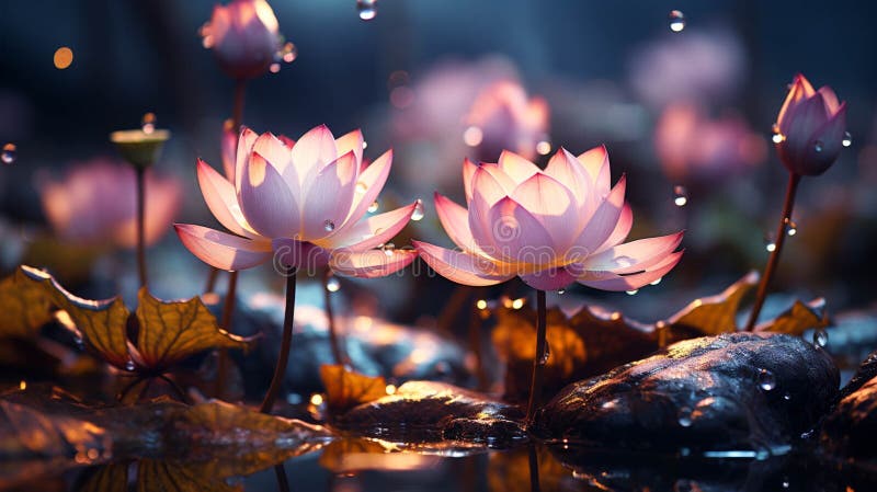 A Pink Lotus is in Full Bloom in Moonlit Light Stock Photo - Image of ...