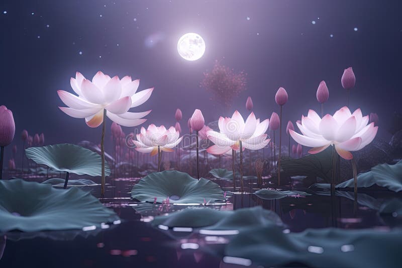 Pink Lotus in the Night with Full Moon Stock Illustration ...