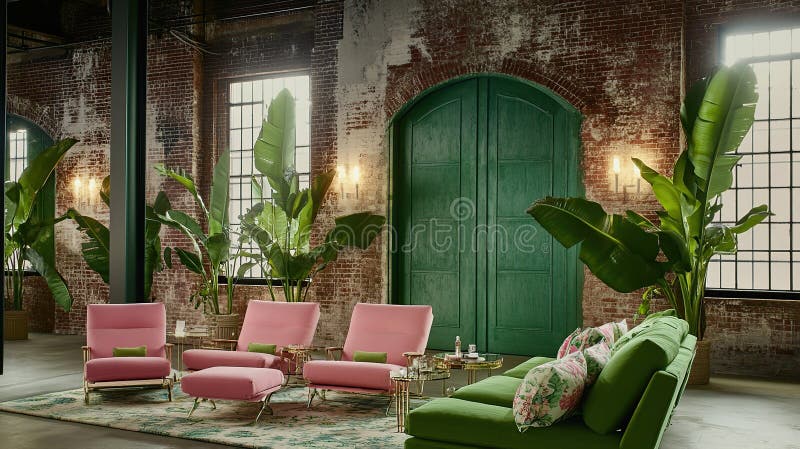 Pink Lounge Chairs, Green Sofa, Industrial Loft Stock Image - Image of industrial, conversation ...
