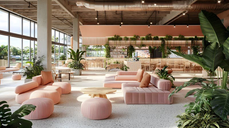 Pink Lounge, Tropical Lobby, Modern Building, Sunlight, Relaxation ...