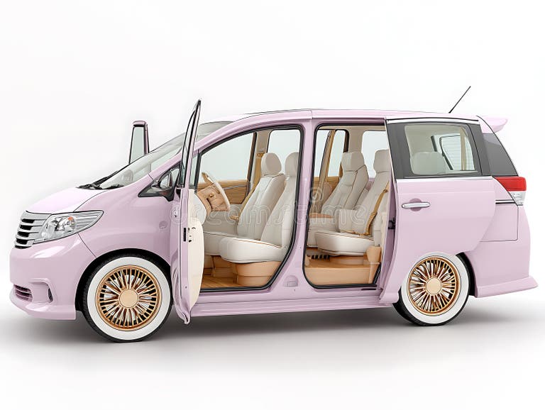 Pink Luxury Minivan with Beige Interior and Open Doors on White ...