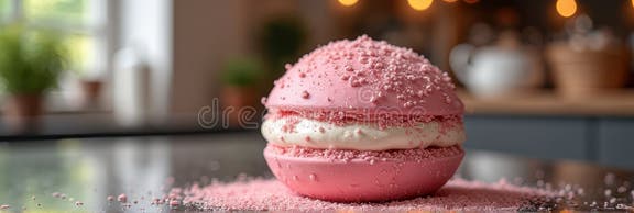 Pink Macaron Dessert with Cream Filling on Reflective Surface Stock ...