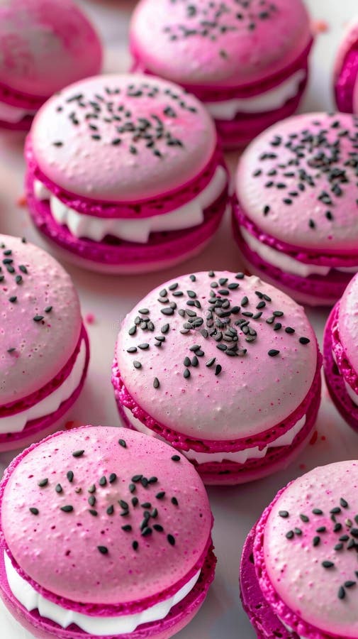 Pink Macarons with Black Sesame Seeds - Trendy Dessert Image 2023 Stock ...