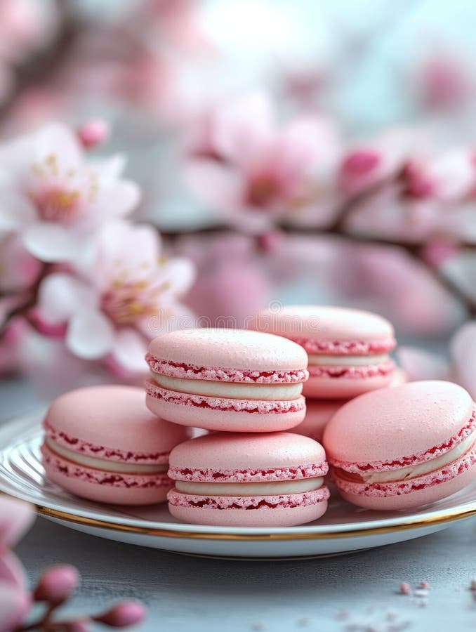 Pink Macarons on a Plate with Cherry Blossoms Stock Photo - Image of ...