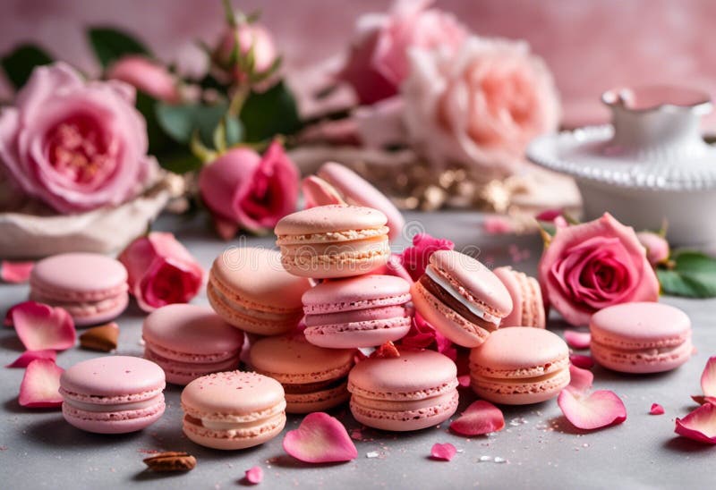 A Pink Macarons and Roses on a Table, Creating a Romantic and Elegant ...