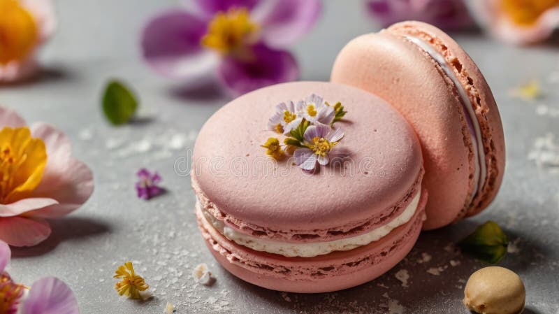 Pink Macaroons Decorated with Flowers on a Light Background Stock Photo ...