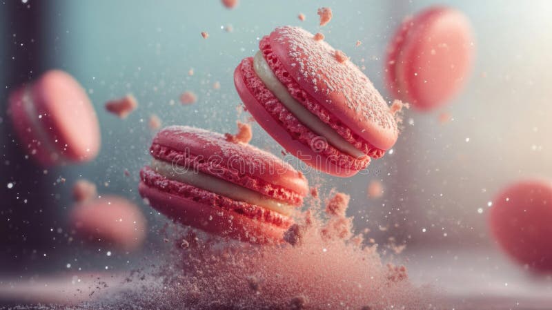 Pink Macaroons in Motion, Suspended in Air with Sugar Dust Stock ...