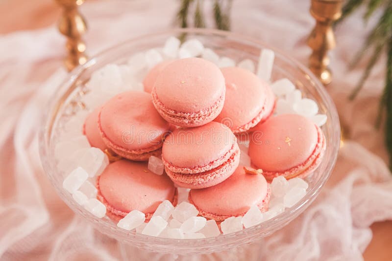 Pink macaroons on plate stock photo. Image of macaroons - 153966118