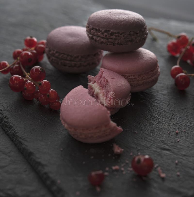 Pink Macaroons Red Currant Low Key Macro Black Board Close Up Back ...