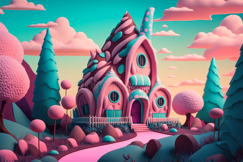 Pink Magic Cartoon House in the Forest Illustration Generative AI Stock ...