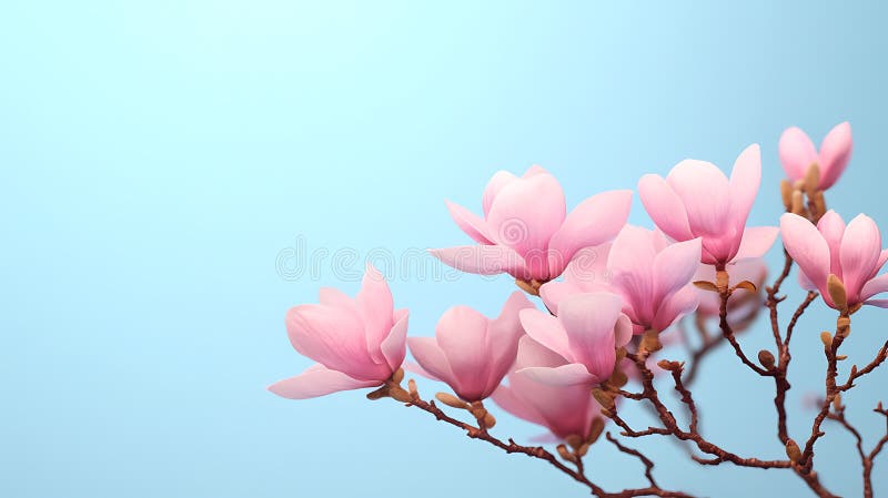 Pink Magnolia Blossoms on Branch Against Light Blue Background Stock ...